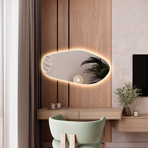 LED Lighted Bathroom Mirror, Asymmetrical Bedroom Mirror With Led ...