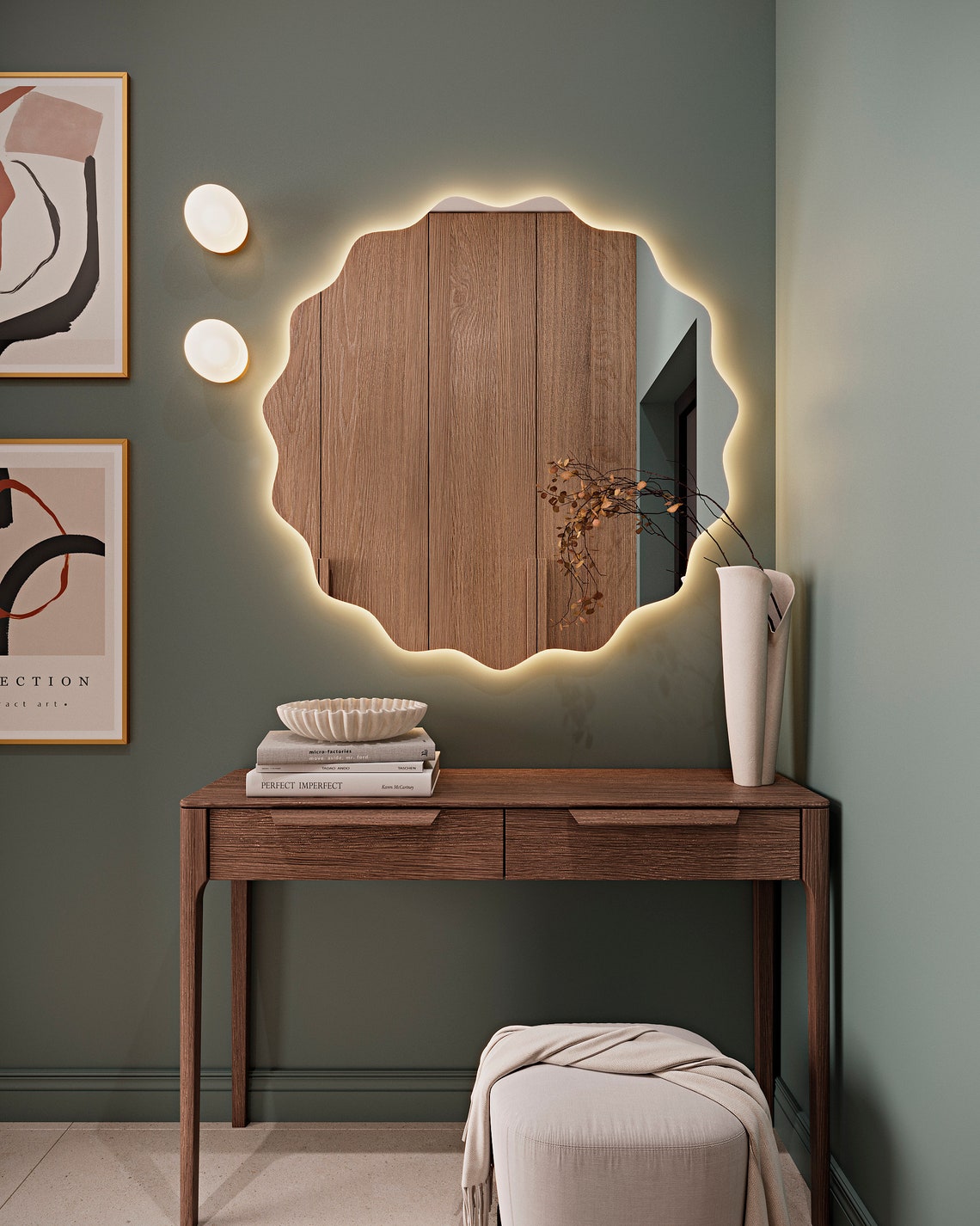 Modern Round Mirror Decor, Circle Wood Bathroom Mirror, Round Aesthetic ...