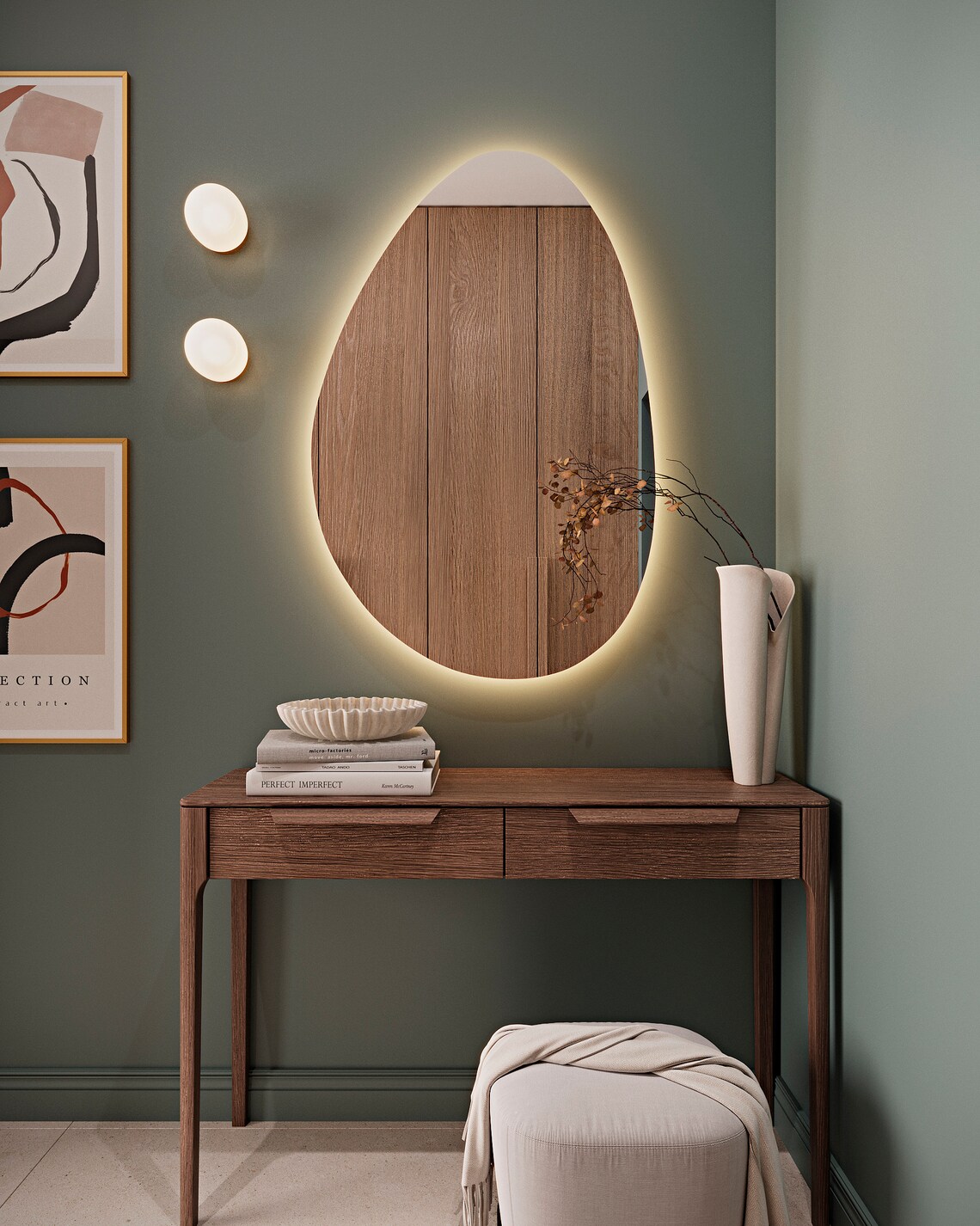 LED Lighted Bathroom Mirror, Asymmetrical Mirror With Led Lights ...