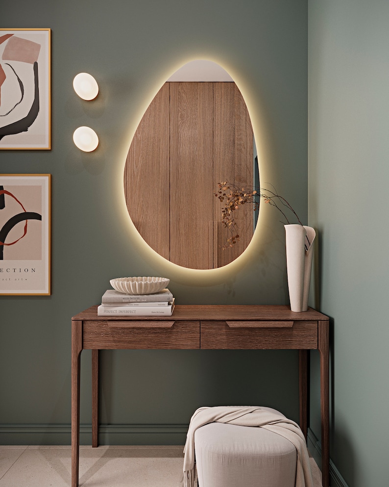 LED Lighted Bedroom Mirror, Asymmetrical Mirror With Led Lights ...