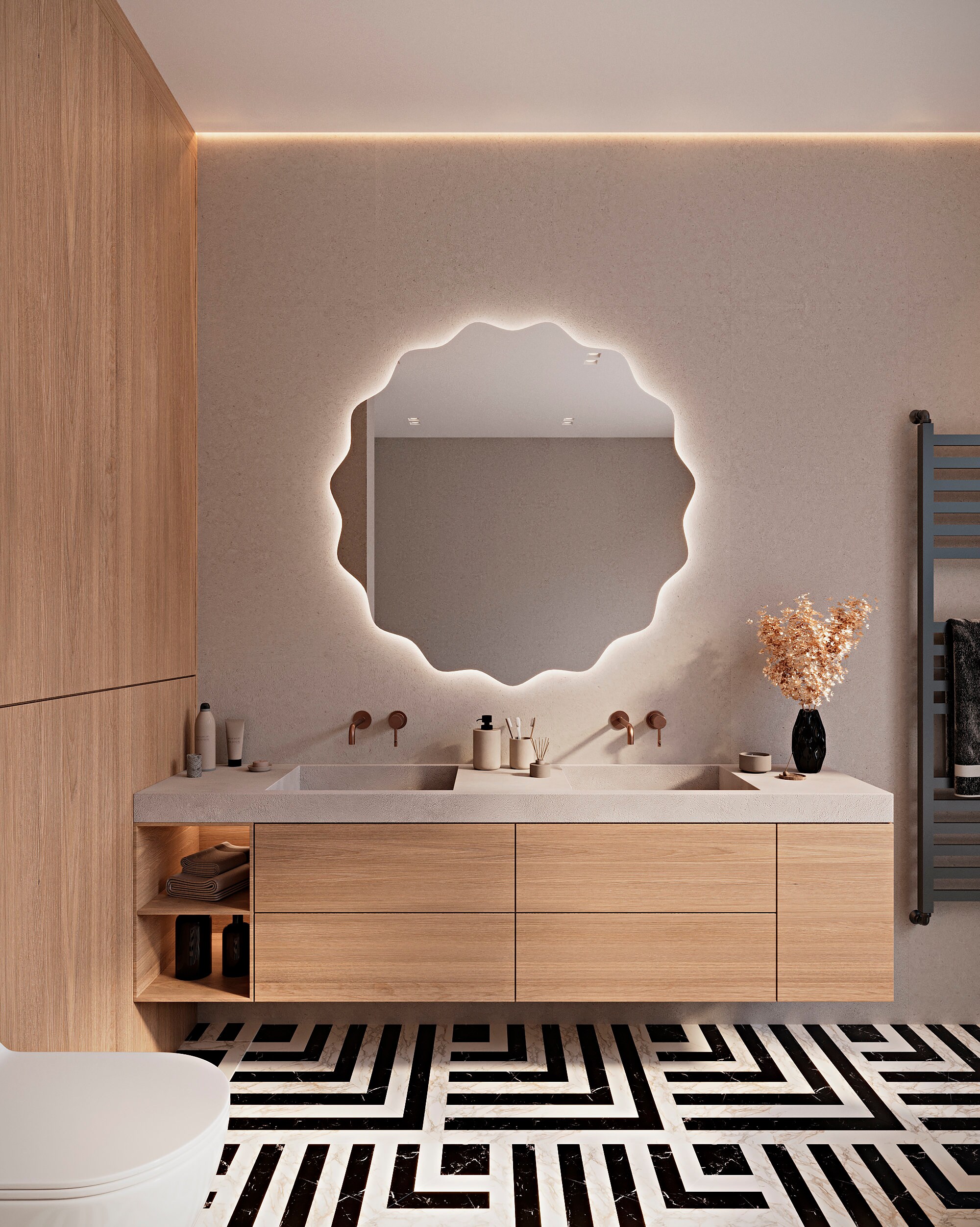 Modern Round Mirror Decor, Circle Wood Bathroom Mirror, Round Aesthetic ...