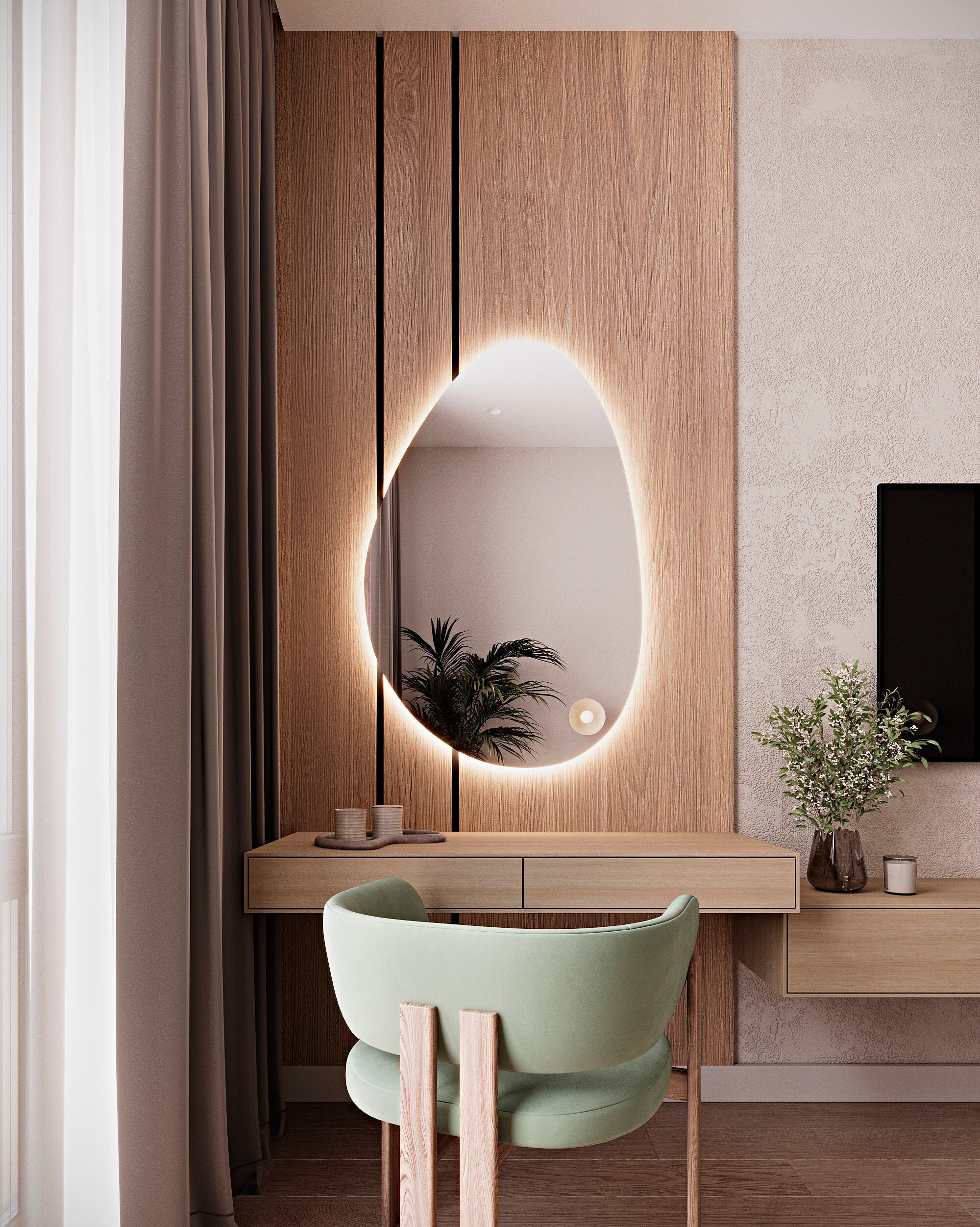 LED Lighted Bedroom Mirror, Asymmetrical Mirror With Led Lights ...