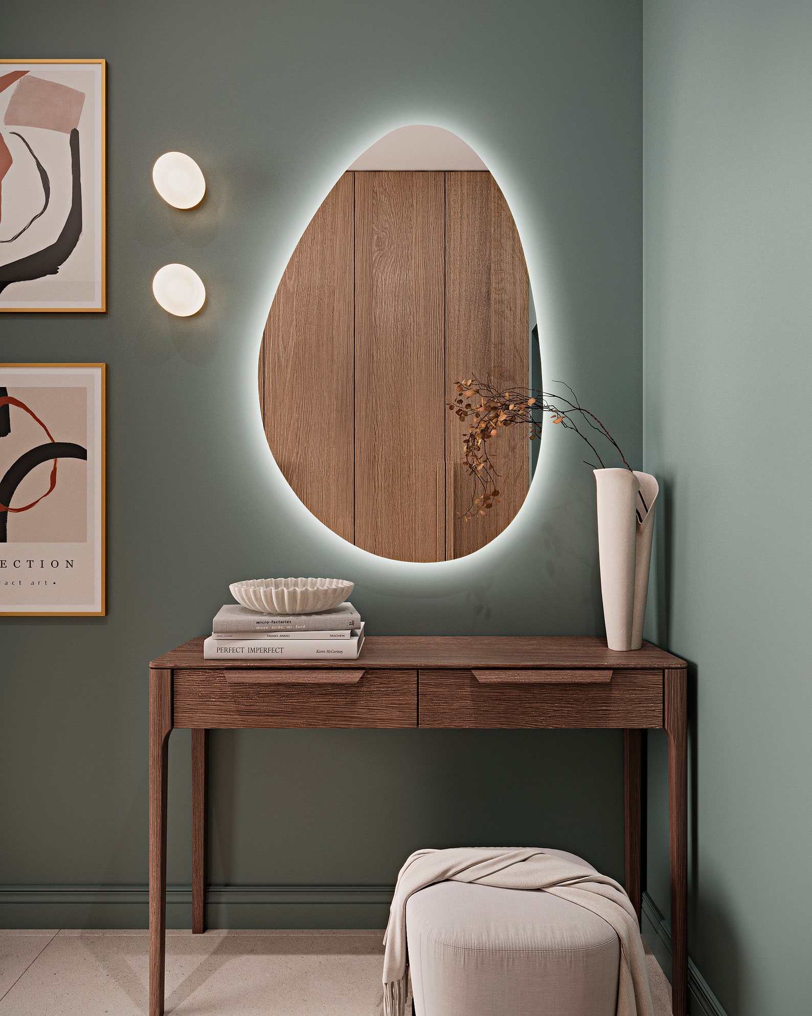 LED Lighted Bedroom Mirror, Asymmetrical Mirror With Led Lights ...