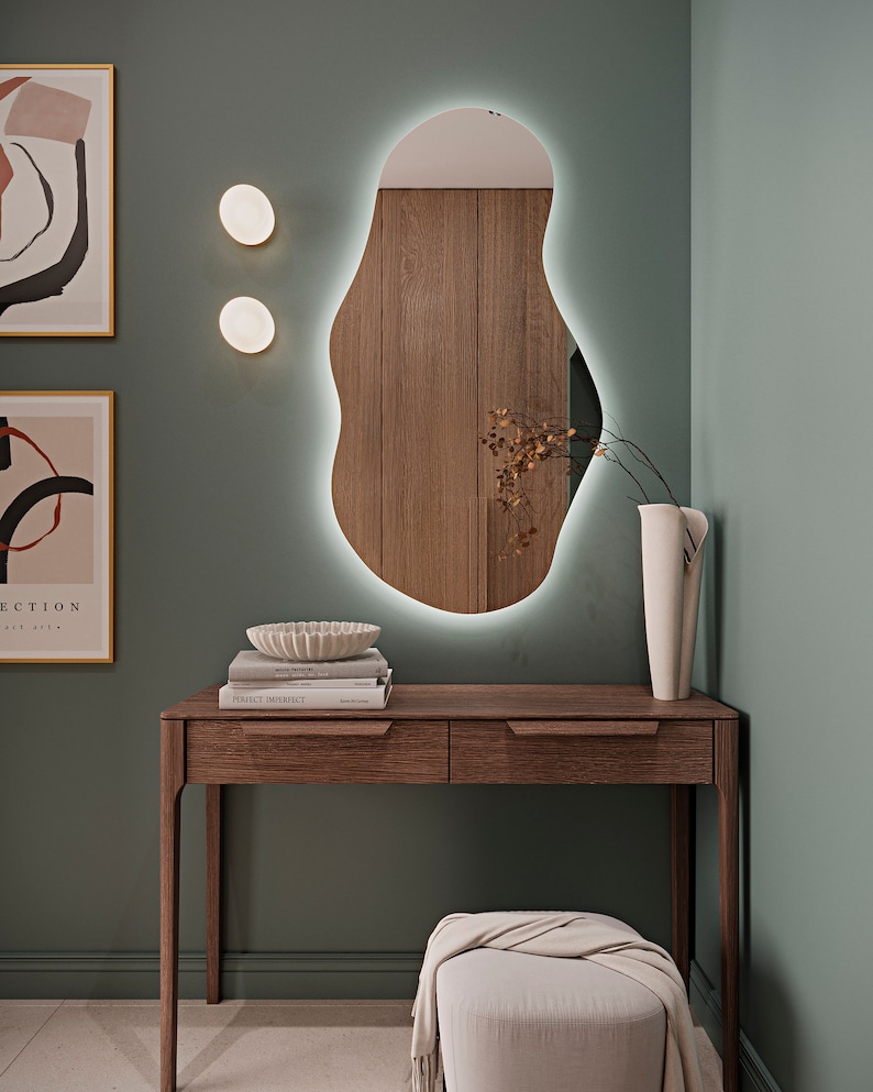 LED Lighted Bedroom Mirror, Asymmetrical Mirror With Led Lights ...