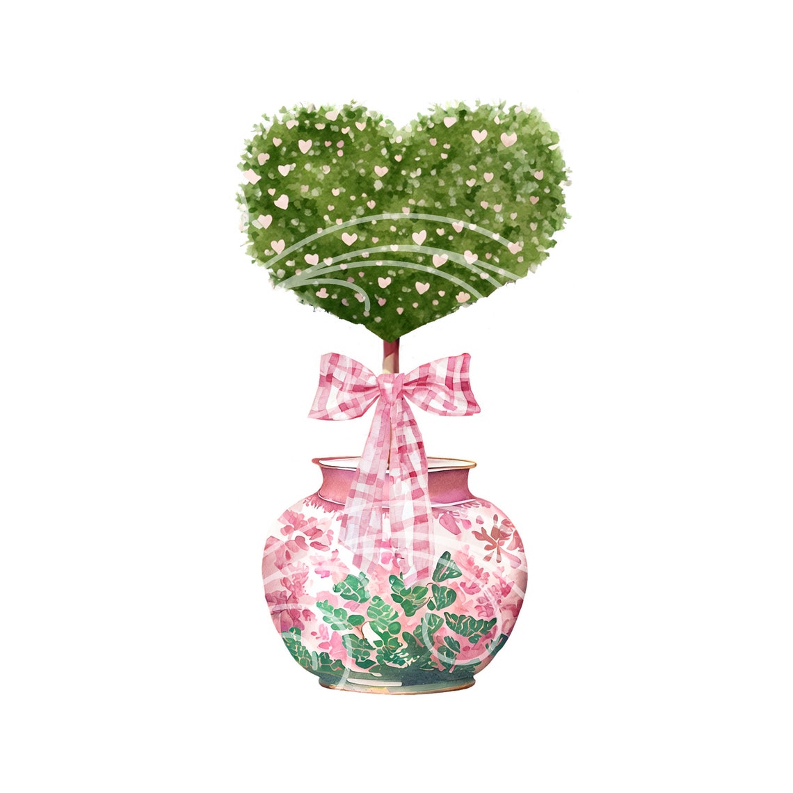 Preppy Heart Topiary With a Gingham Bow in a Chinoiserie Ginger Jar Pot ...