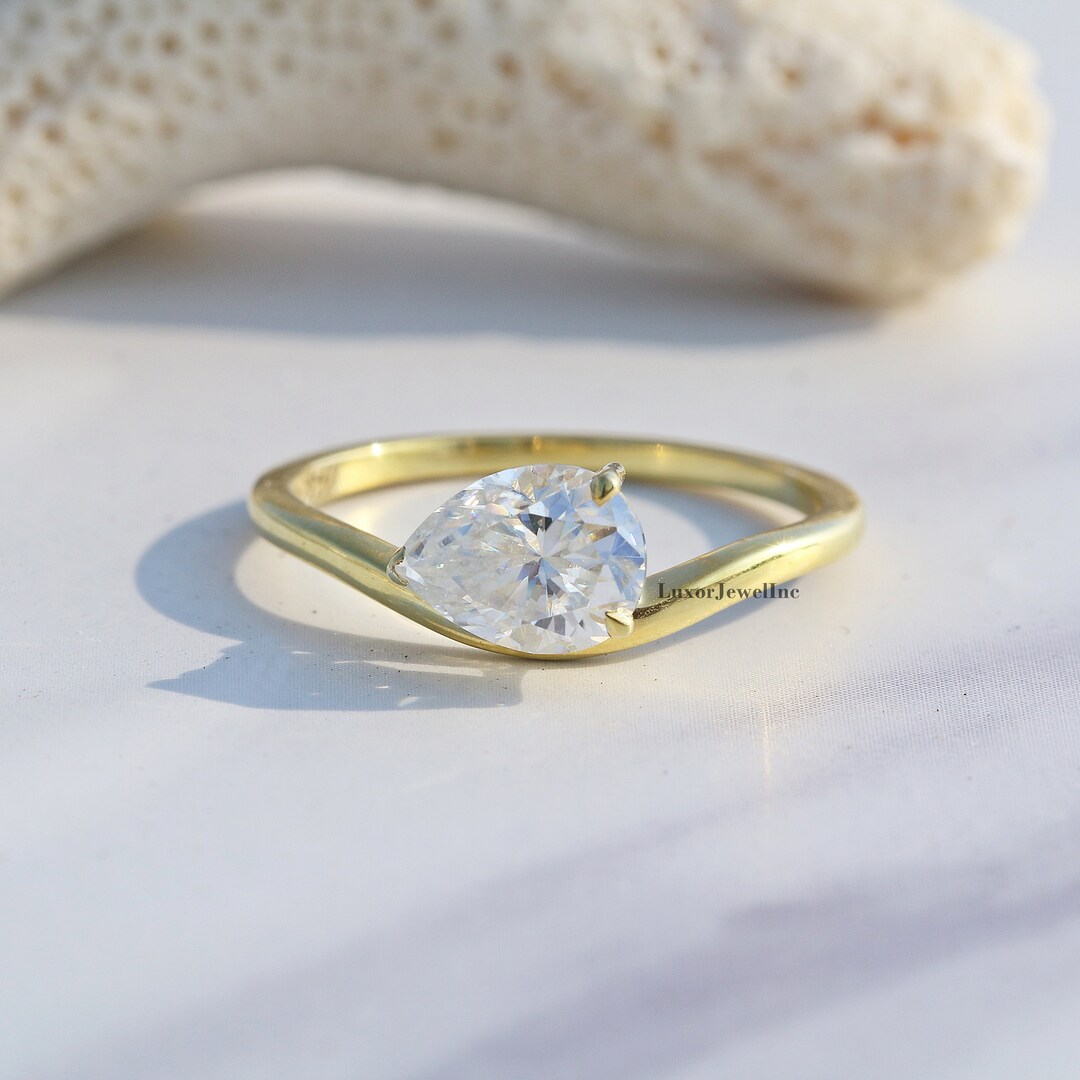 Teardrop Ring/ Curved Ring/ Floating Basket Ring/ 1.5 CT Pear Cut Colorless Moissanite ...