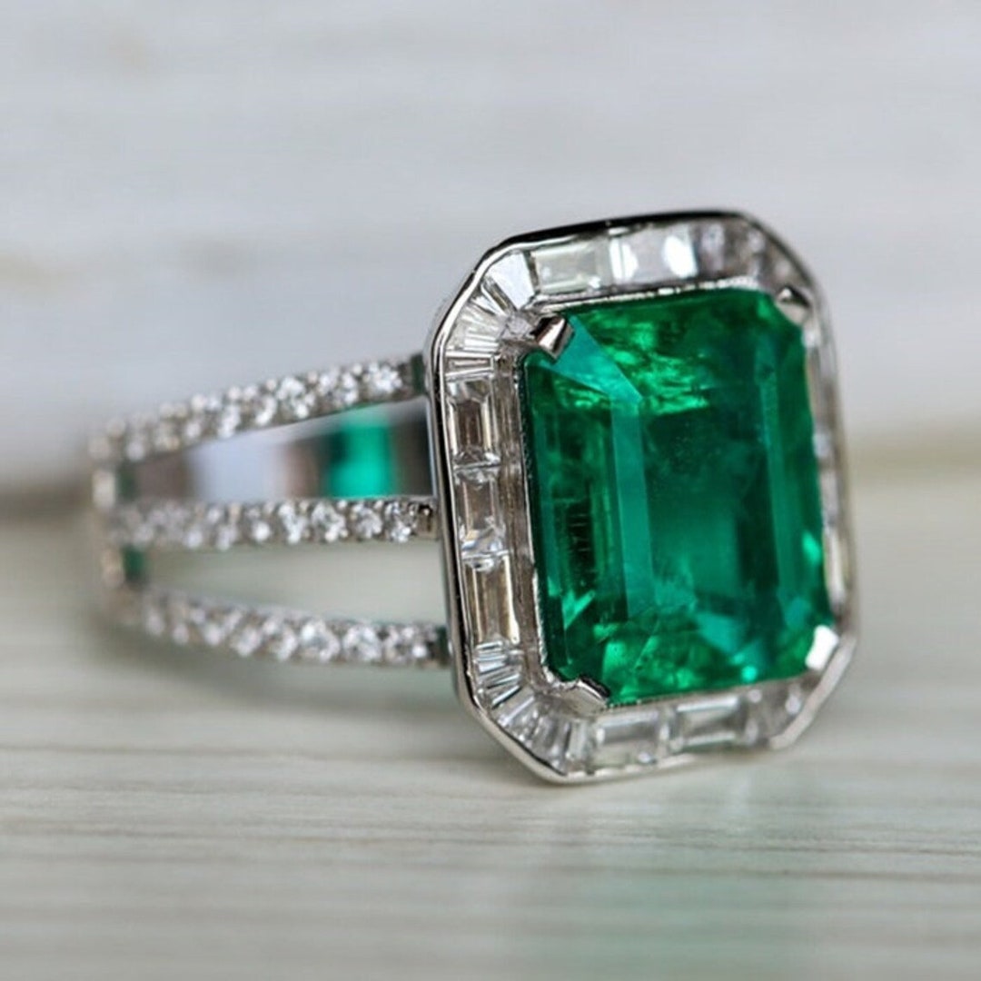 Emerald Ring/ 3 CT Green Emerald Cut Diamond Engagement Ring/ Baguette ...