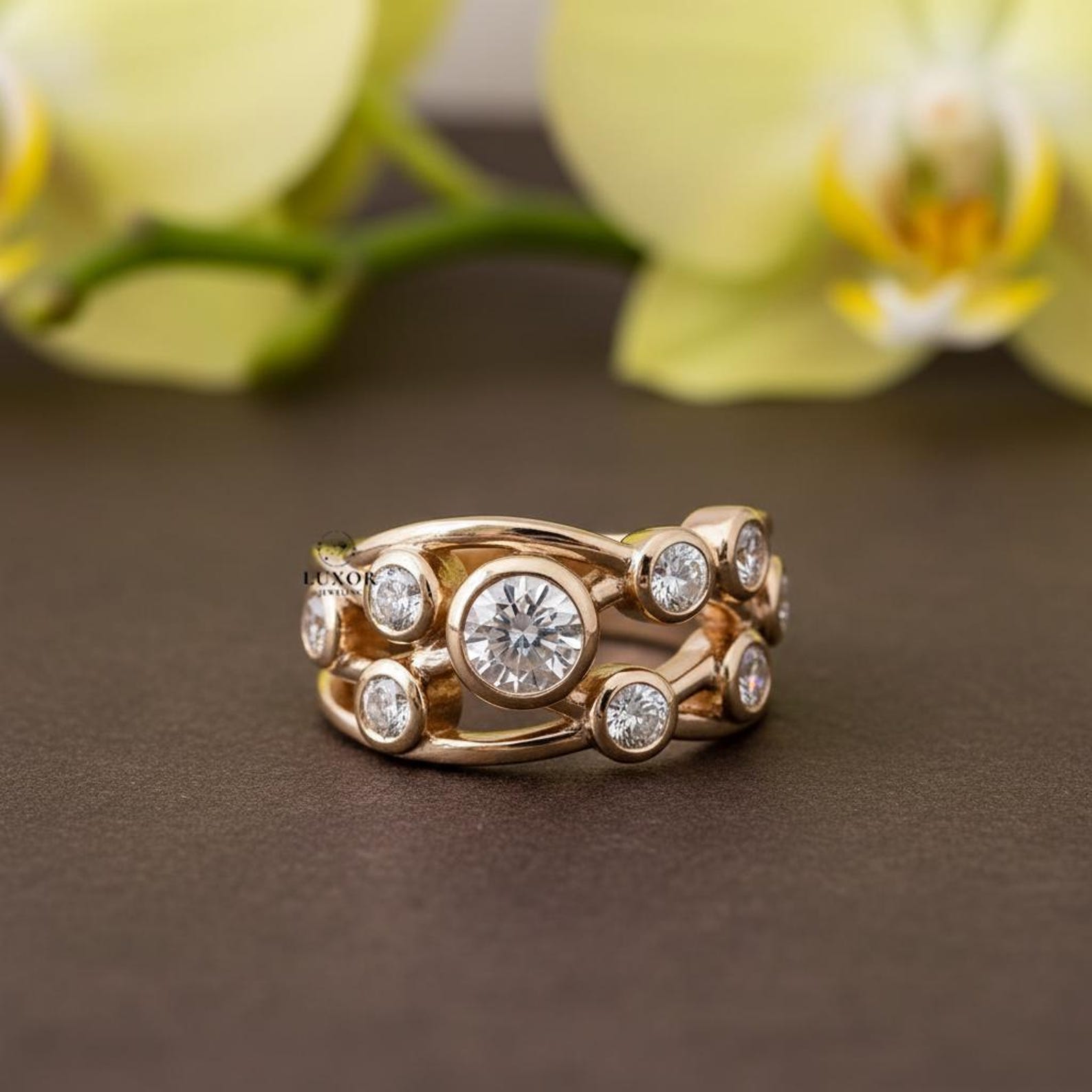 Cluster Bezel Set Wedding Band, Round Cut Lab Grown Diamond Engagement ...
