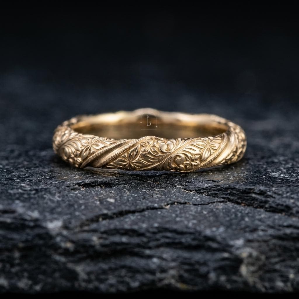 Art Deco Leaf Pattern Ring, Vintage Floral Engraved Wedding Band, 14K ...