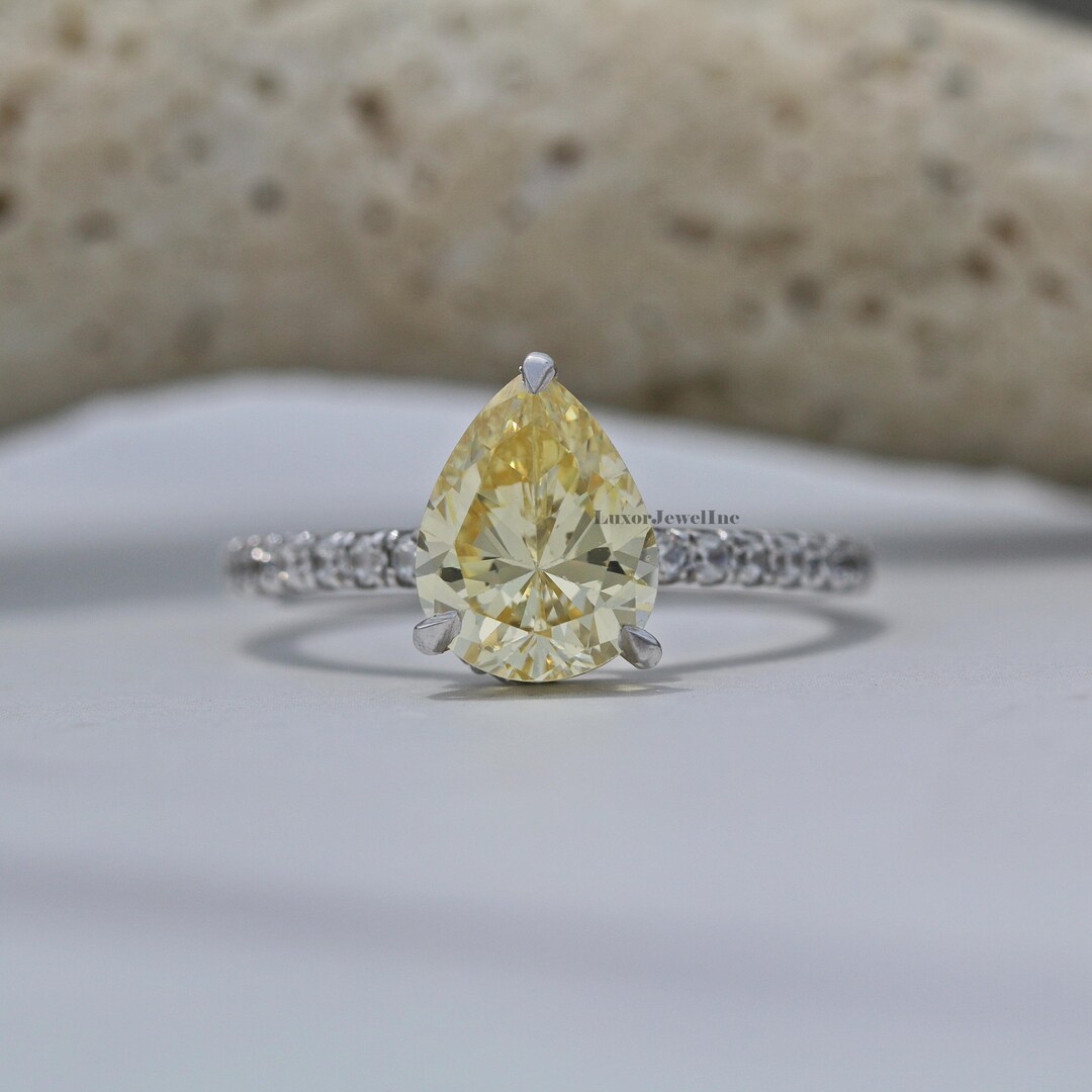 Canary Yellow Diamond Ring/ Pear Cut Diamond Engagement Ring/ Hidden ...