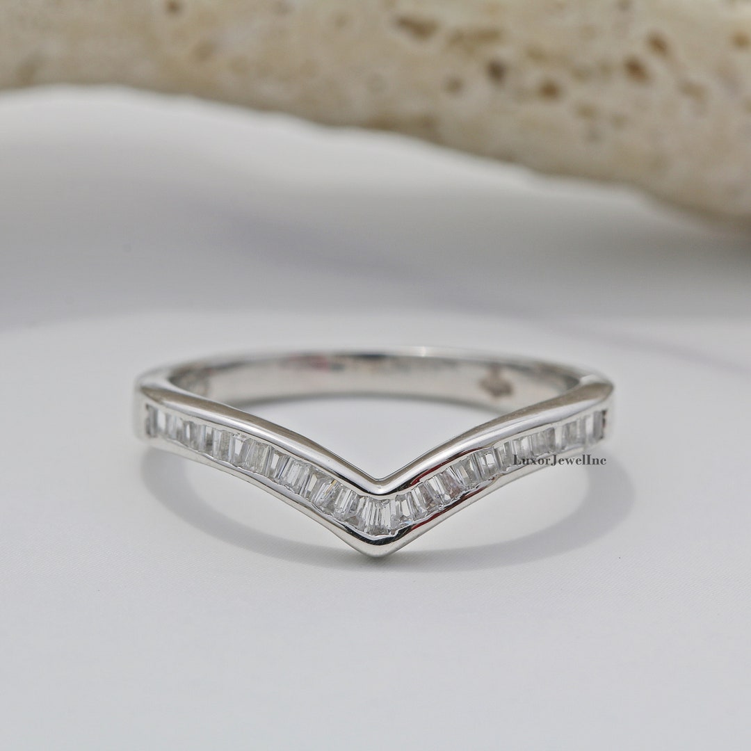 Chevron Moissanite Band/ Baguette Cut Colorless Moissanite Engagement ...