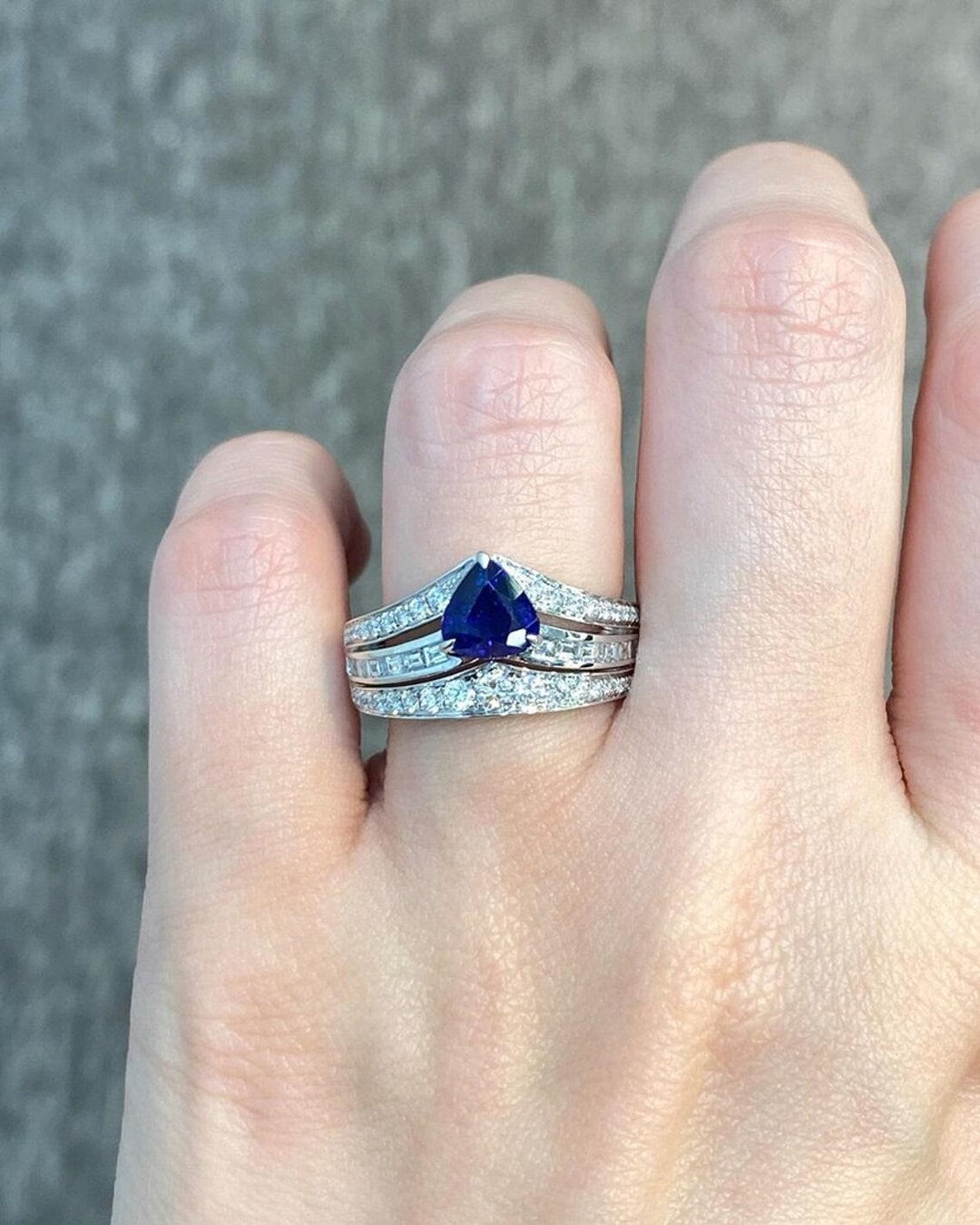 Blue Sapphire Trillion Cut Engagement Ring, Three Row Vintage Art Deco ...