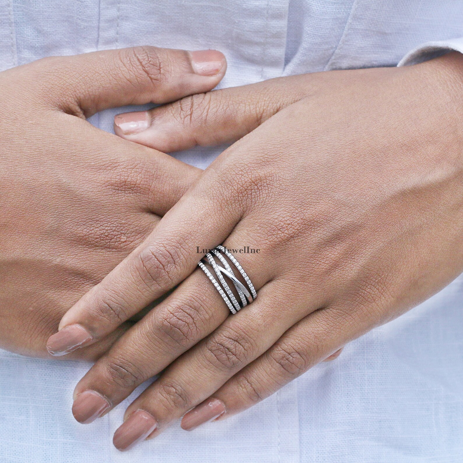 Multi Raw Band/ Intertwined Ring/ Criss Cross Wedding Ring/ Round Colorless Moissanite ...