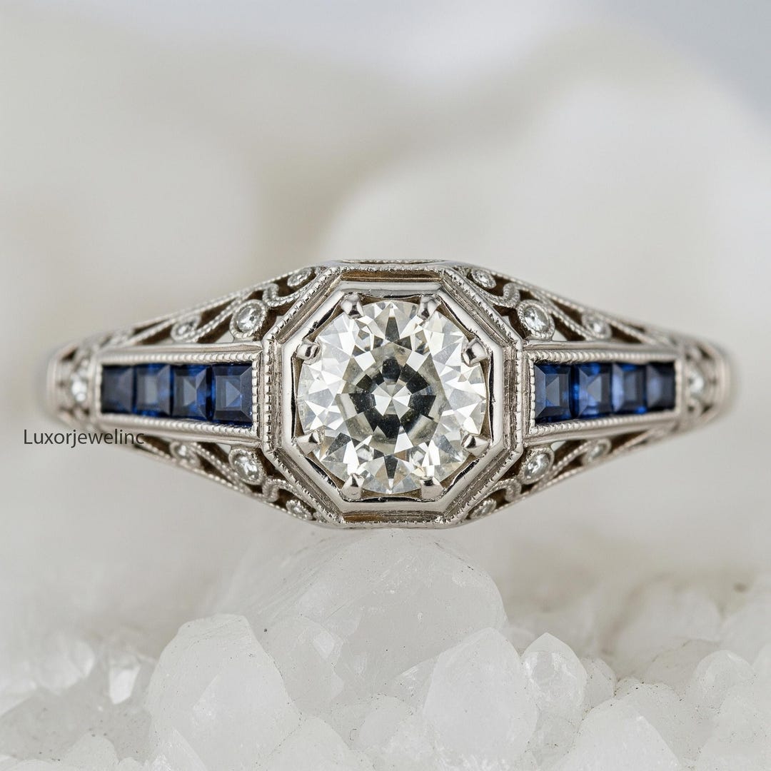Round Cut Engagement Ring, Octagon Milgrain Bezel Set Ring, Vintage Art ...