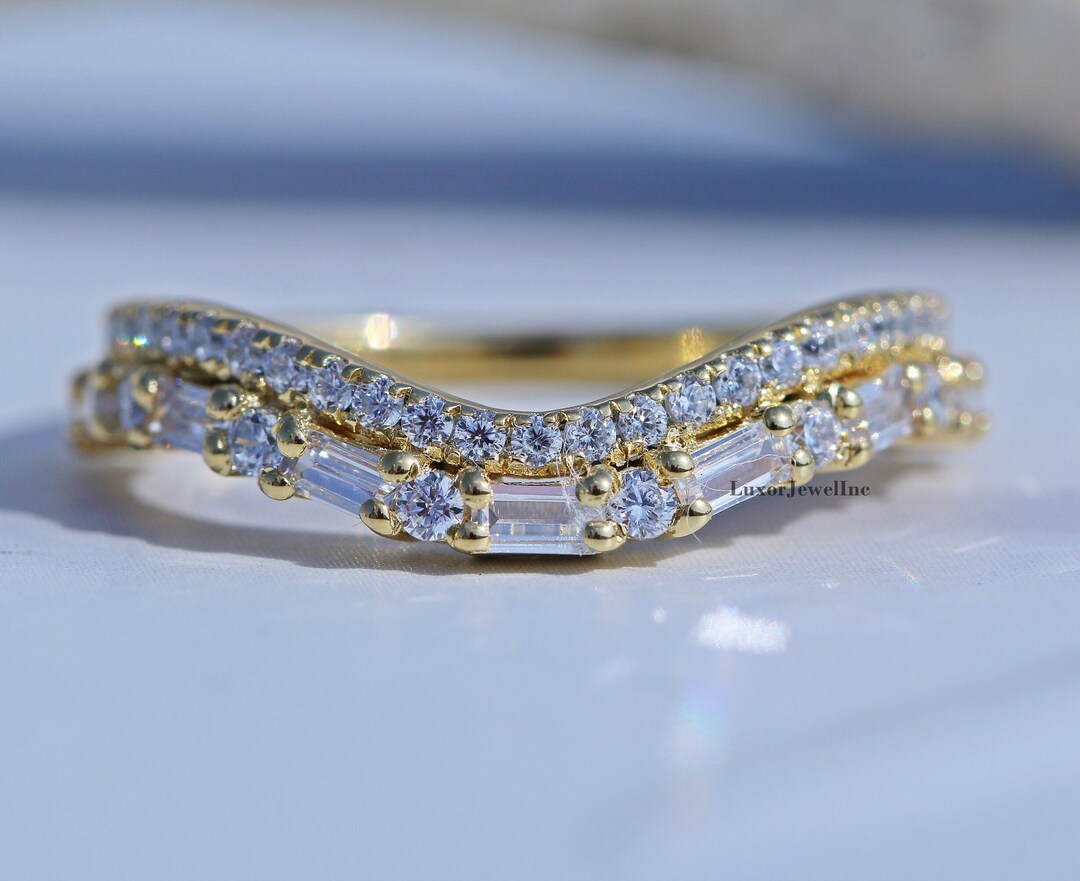 Contour Ring, Baguette Cut Colorless Moissanite Engagement Ring, Double ...
