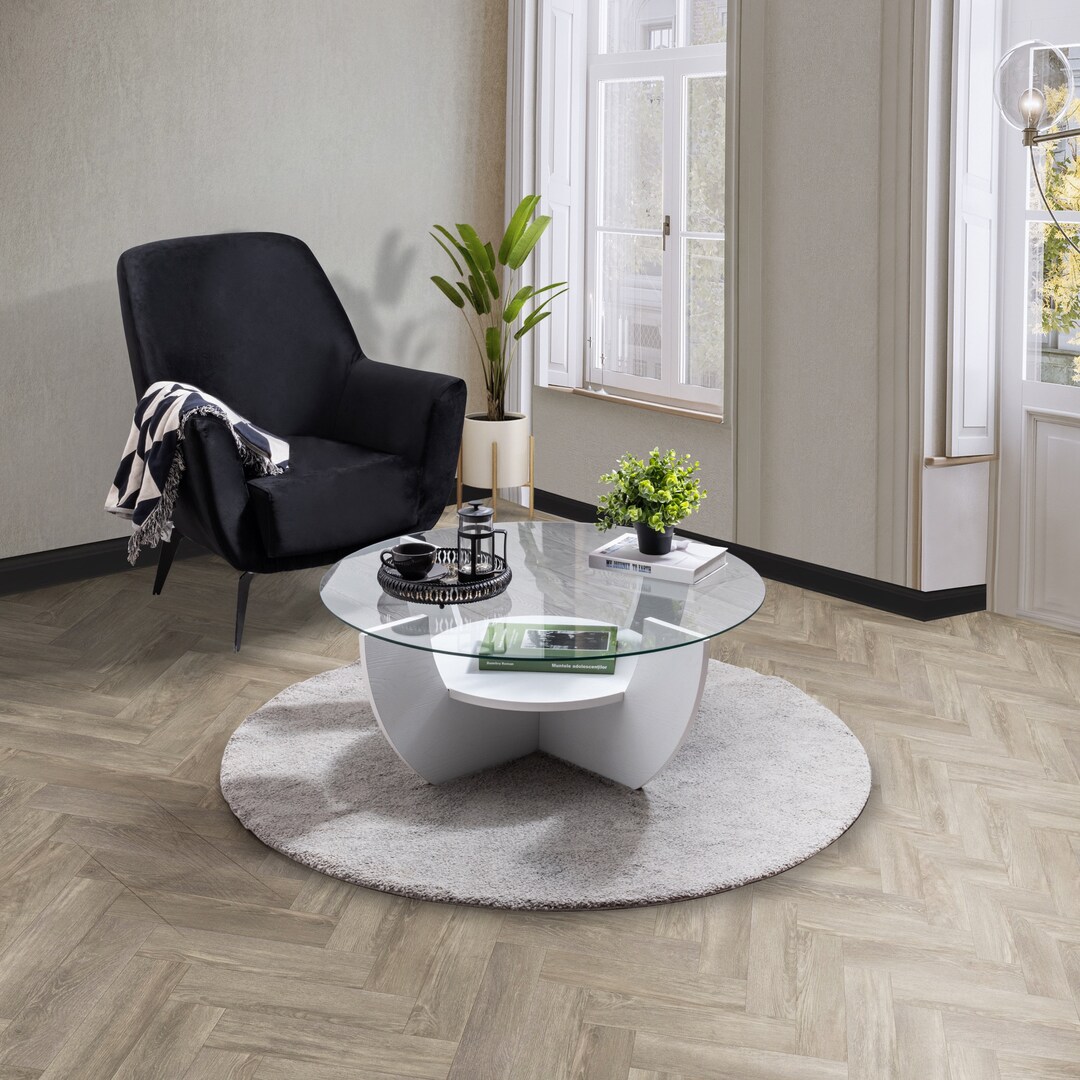 White Glass Table With Shelf, Glass Table, Wooden Round Table ...