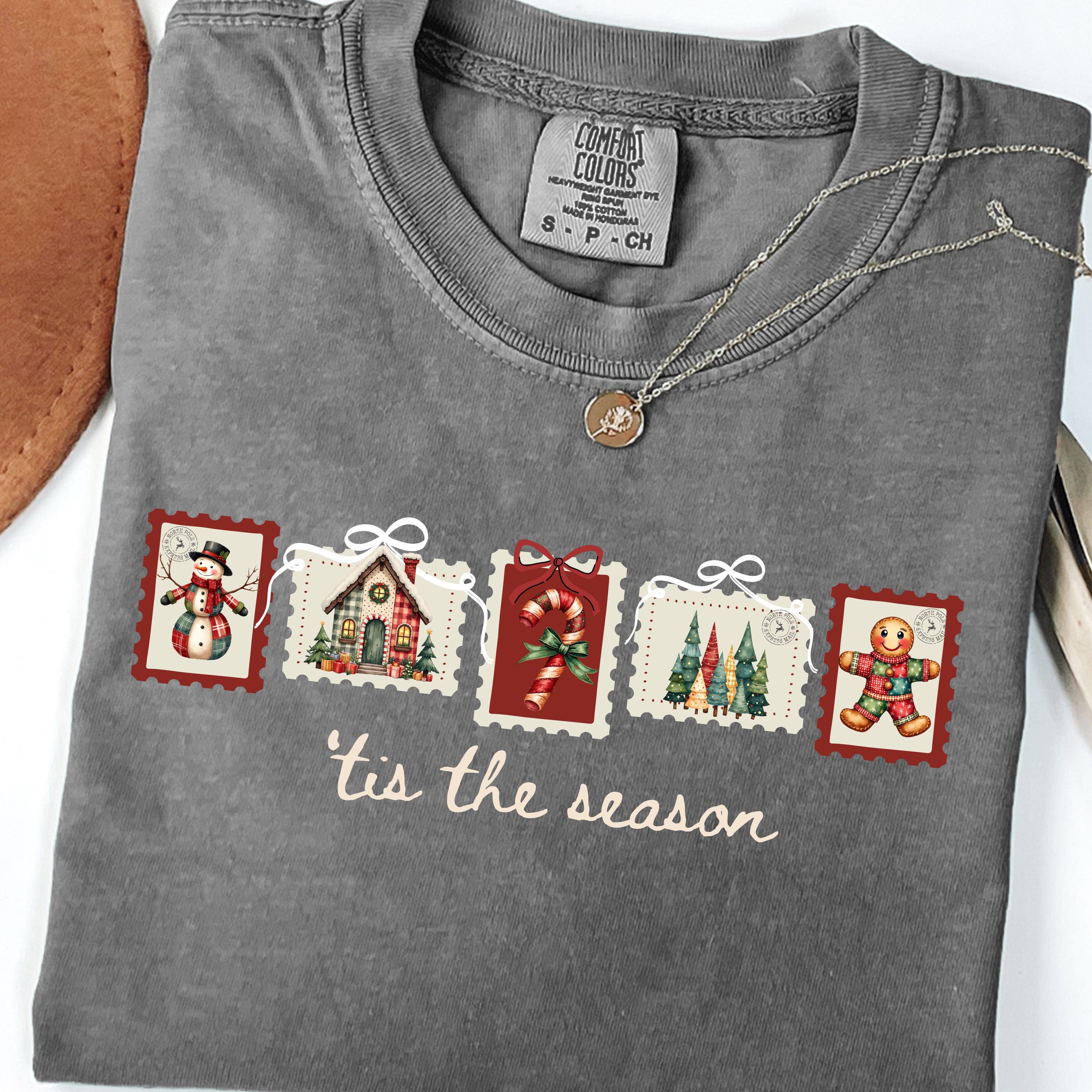 Comfort Colors Winter Stamp Shirt, Patchwork Christmas Stamps, Coquette ...