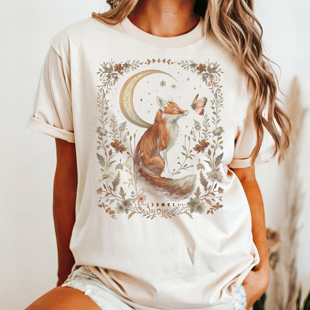 Boho Cottagecore Fox and Butterfly Wildflowers Shirt, Vintage ...
