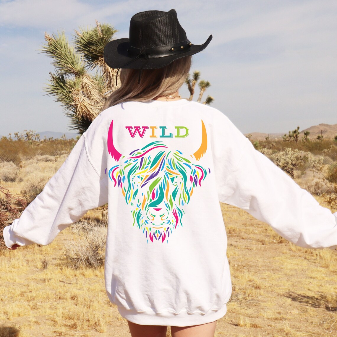 Wild West Retro Highland Cow Oversized Unisex Hoodie, Wild Cow Skull ...