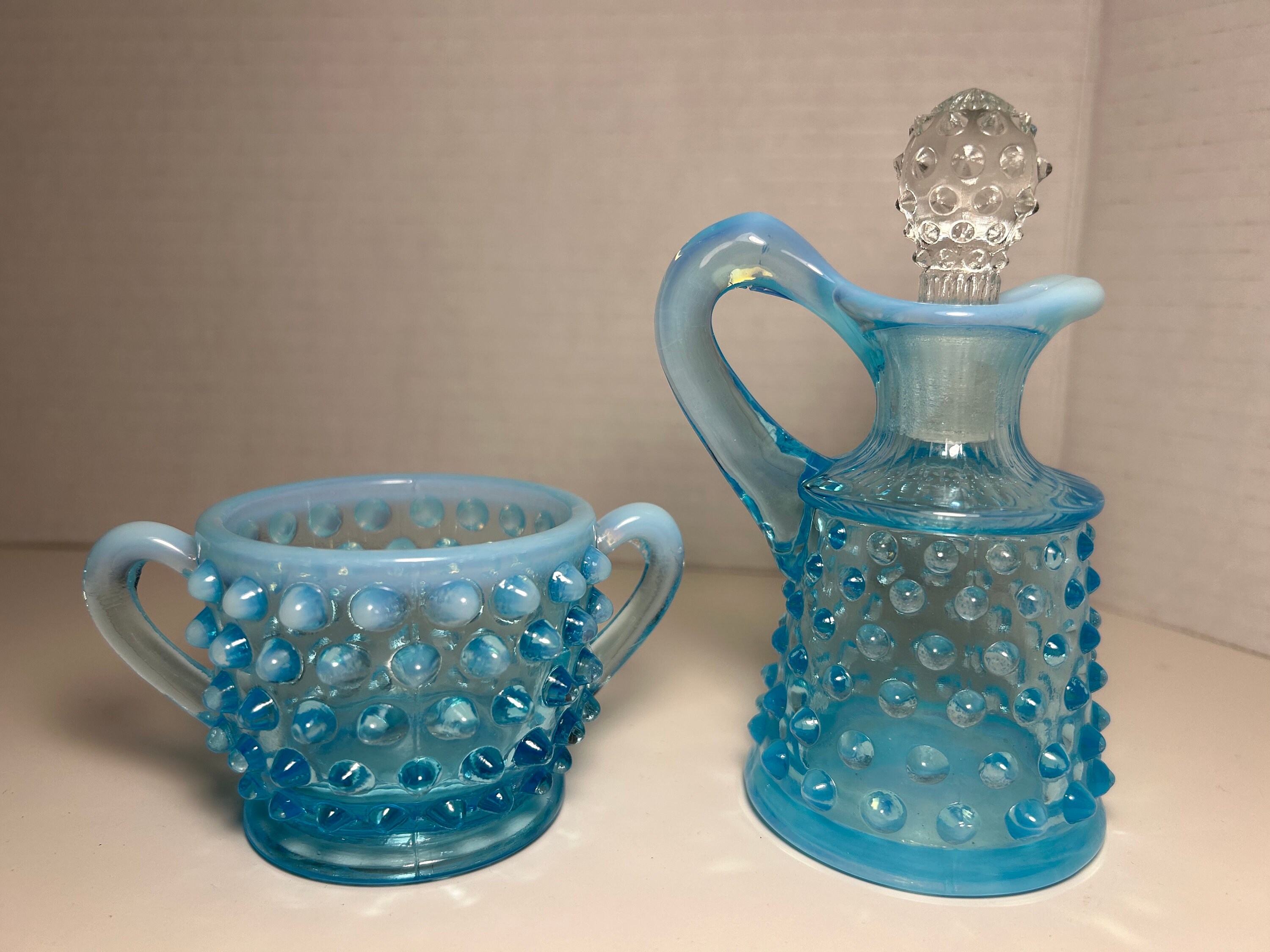 Glass Creamer & Sugar Set Hobnail Pattern Fenton Light Blue 3.5x2.25 ...