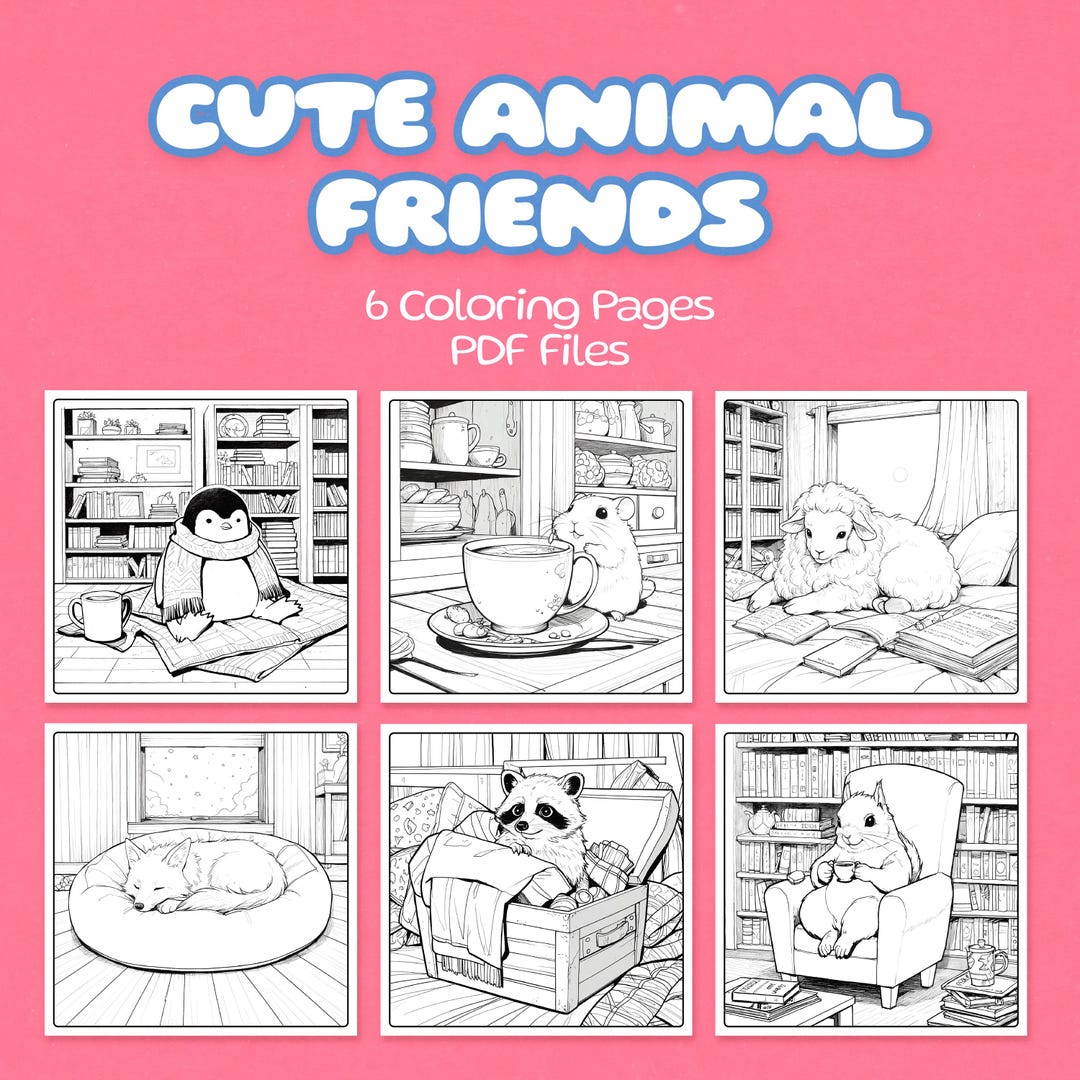 Cute Animal Friends Digital Coloring Pages Set, 6 Adorable Printable ...