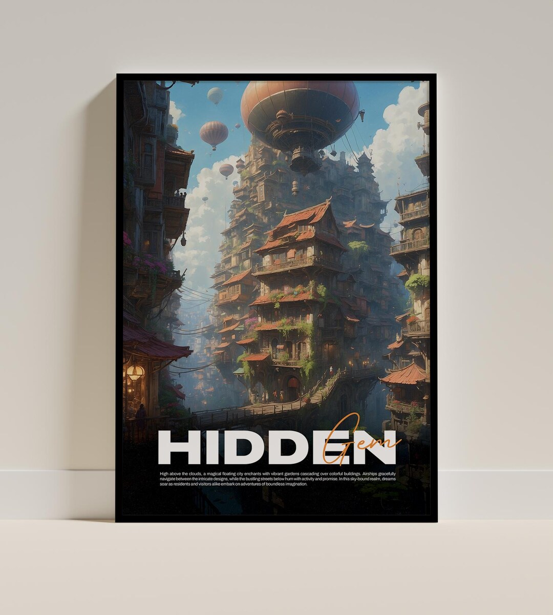 Hidden Gem - Floating City Poster, Steampunk Fantasy Art, Sky City Wall ...