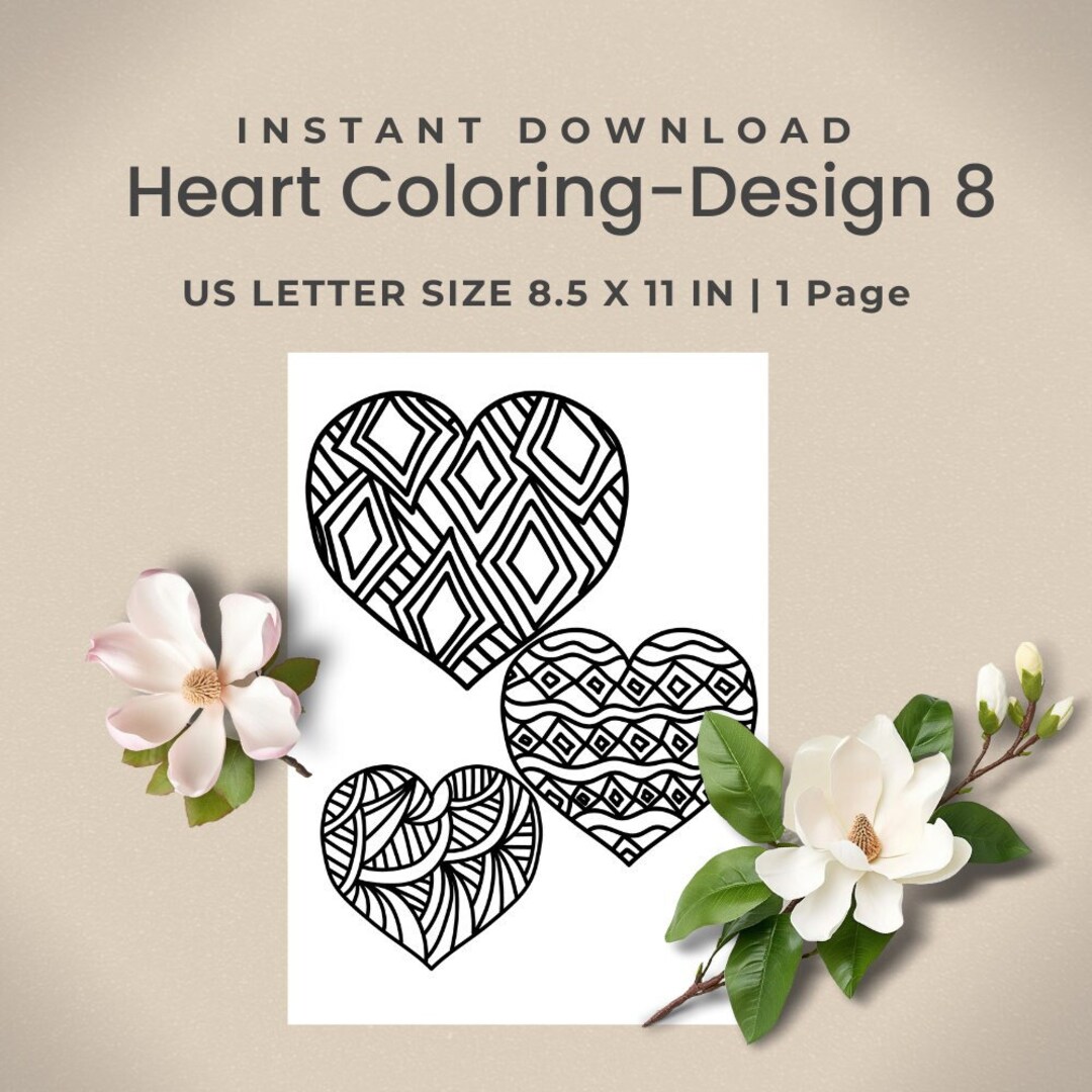 Design 8 Eight Heart Coloring Page, Minimal Mosaic Outline Single ...