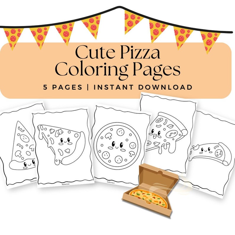 Cute Pizza Coloring Page Pack, Five 5 Printable Pdf Sheets, Librarian ...
