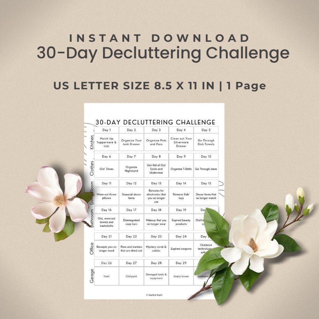 30-day Decluttering Challenge Page Worksheet, Minimal Line Drawing ...
