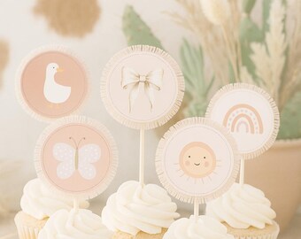 Boho Birthday Cupcake Toppers | Printable Party Circles | Neutral ...