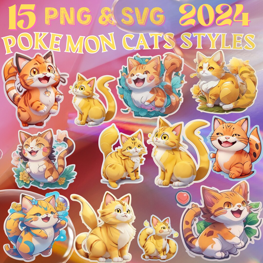 Cute Cat Pokemon Stickers Pack, Animals PNG Set, Pokemon Cats SVG for ...
