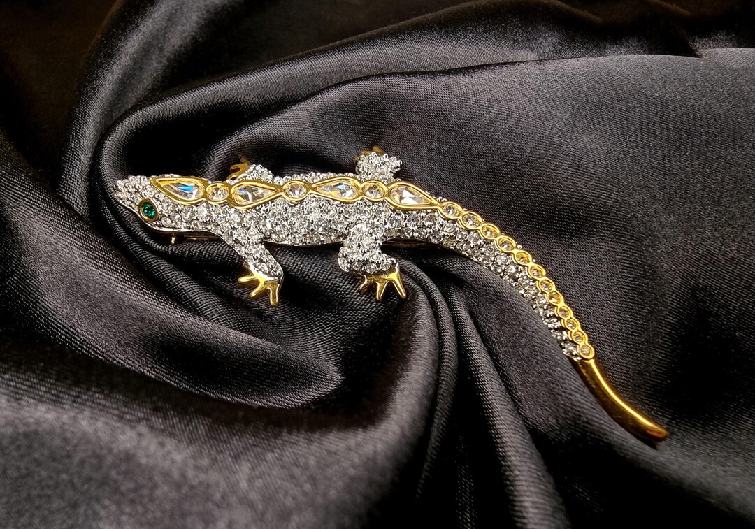 Vintage 1980's SWAROVSKI Signed Lizard Gold Tone Crystal Brooch - Etsy