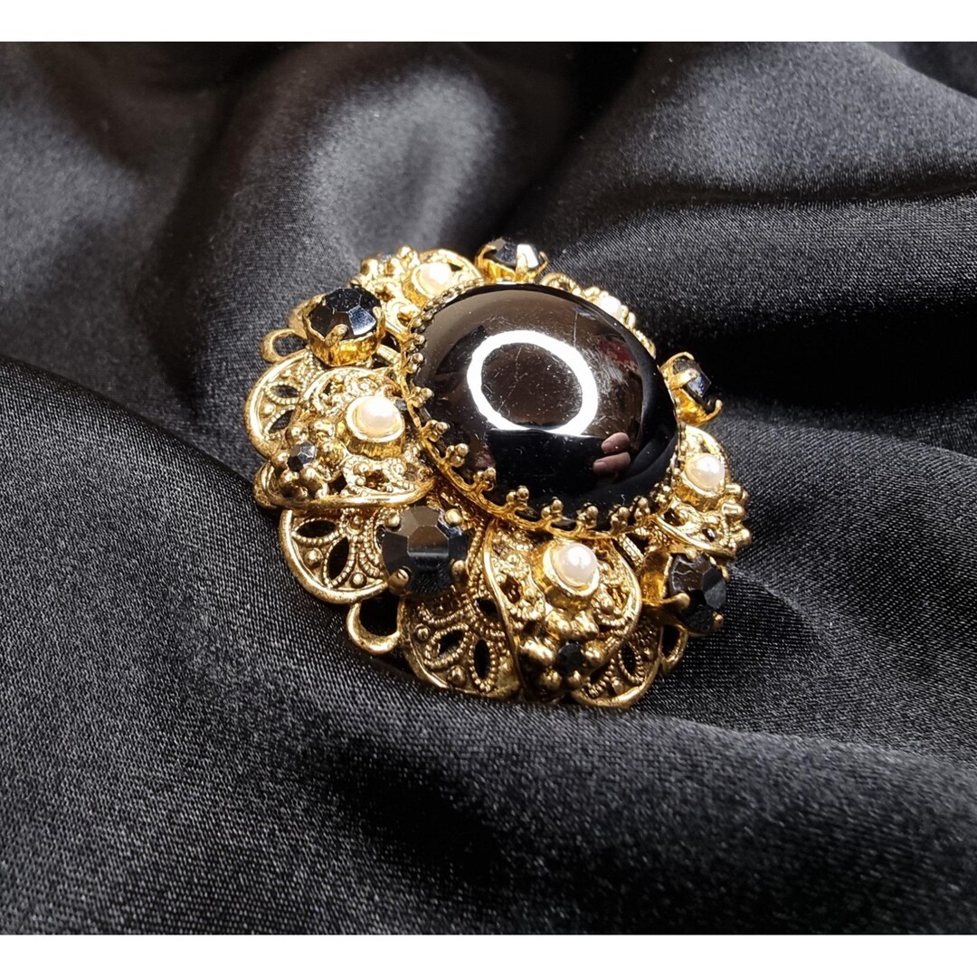 Vintage West Germany Signed Brooch W/ Black Grey Glass Center & Faux ...