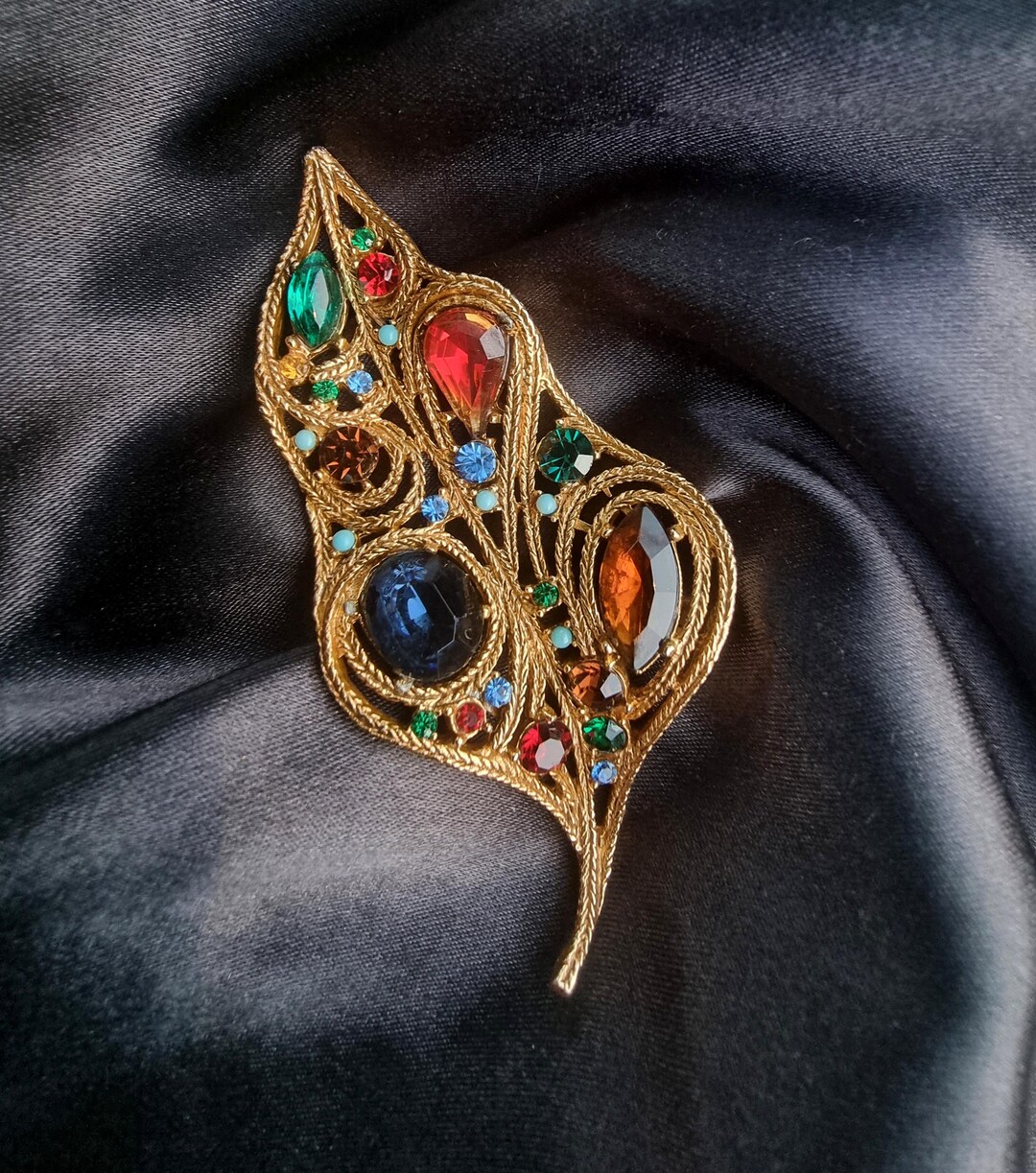 Vintage Laroco Large Leaf Gold Toned Colorful Multicolored Rhinestones ...