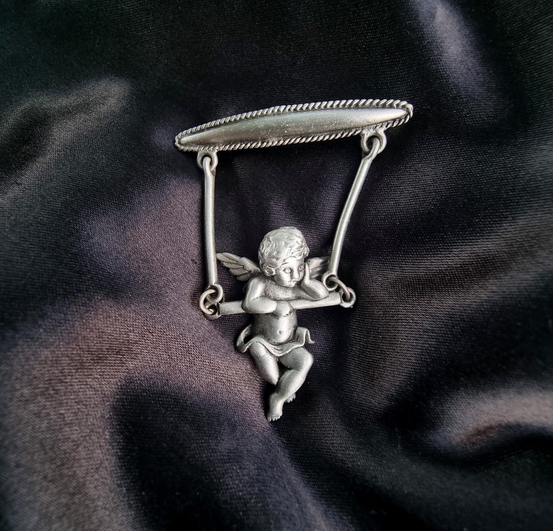 Vintage JJ Signed Cupid Angel Moveable Swing Pin Cherub Silver Toned ...