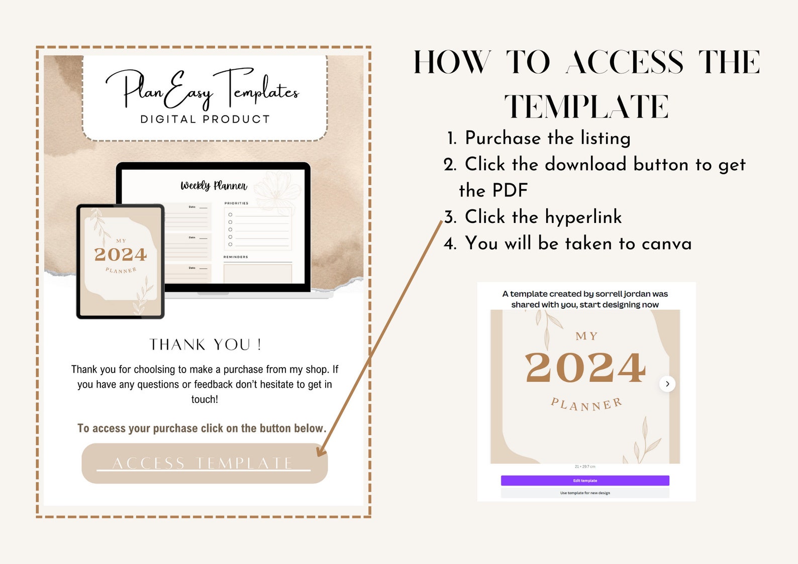 Editable Beige 2024 Planner Template Digital Template Monthly Weekly ...