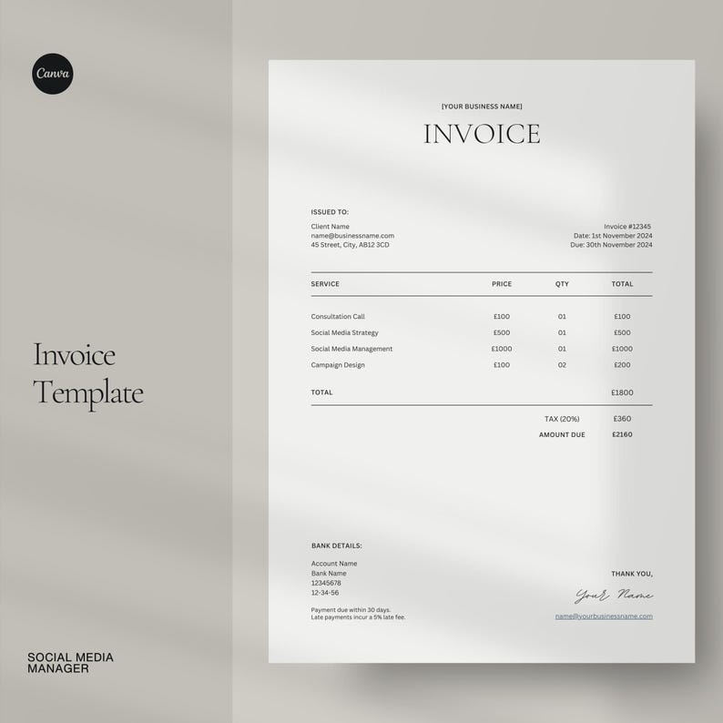 Minimalist Invoice Template: Customizable Canva Design (digital ...