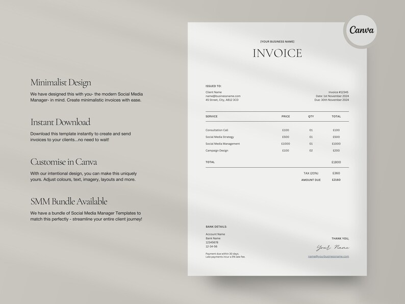 Minimalist Invoice Template: Customizable Canva Design (digital ...