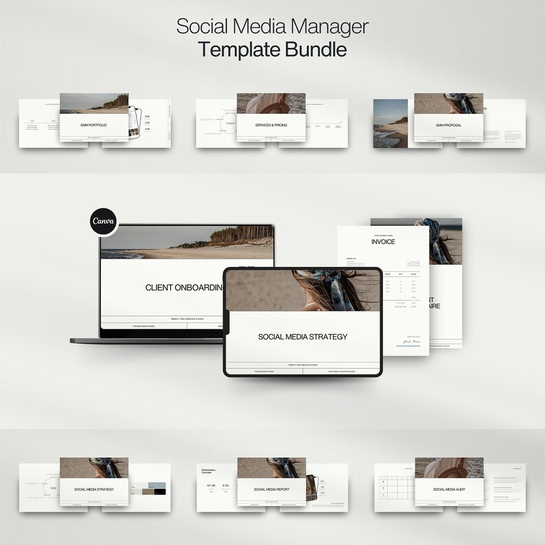 Social Media Manager Template Bundle Customise in Canva Minimalist Aesthetic Marketing Freelance ...