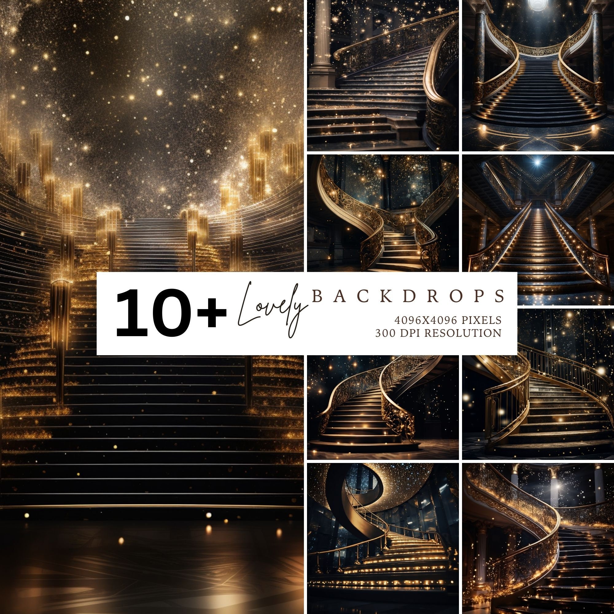 Stairs Backdrop, Staircase, Bokeh, Black Gold, Photography Backdrop ...