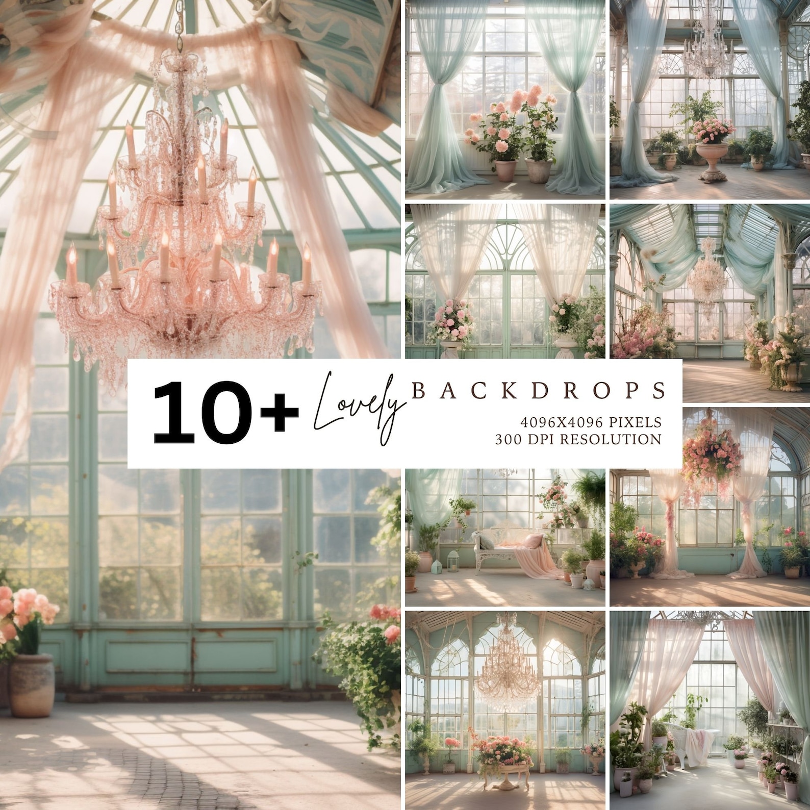Greenhouse Backdrop, Chandelier, Pink and Aqua, Photography Backdrop ...