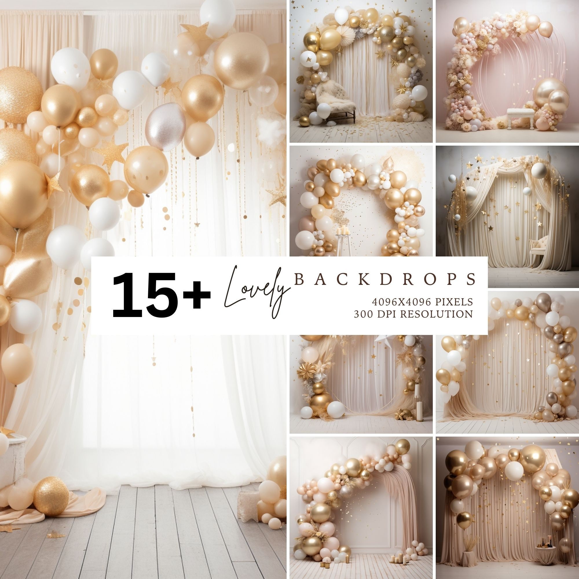 Balloon Arch Backdrop, Stars, White Gold, Photography Backdrop, Photo ...