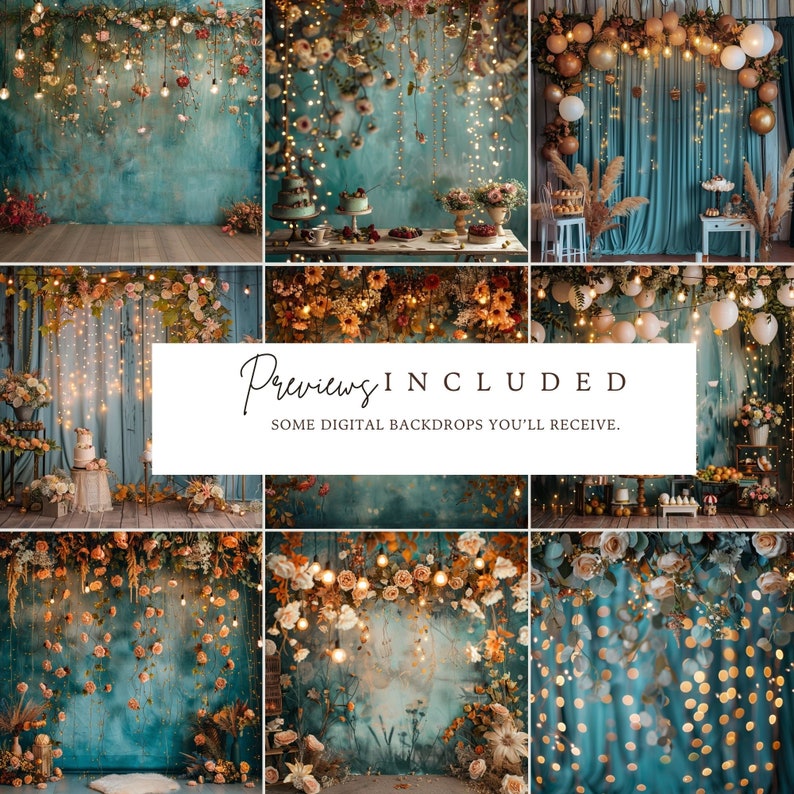 Teal Photo Backdrop, Lights Backdrop, Floral, Photography Backdrop ...