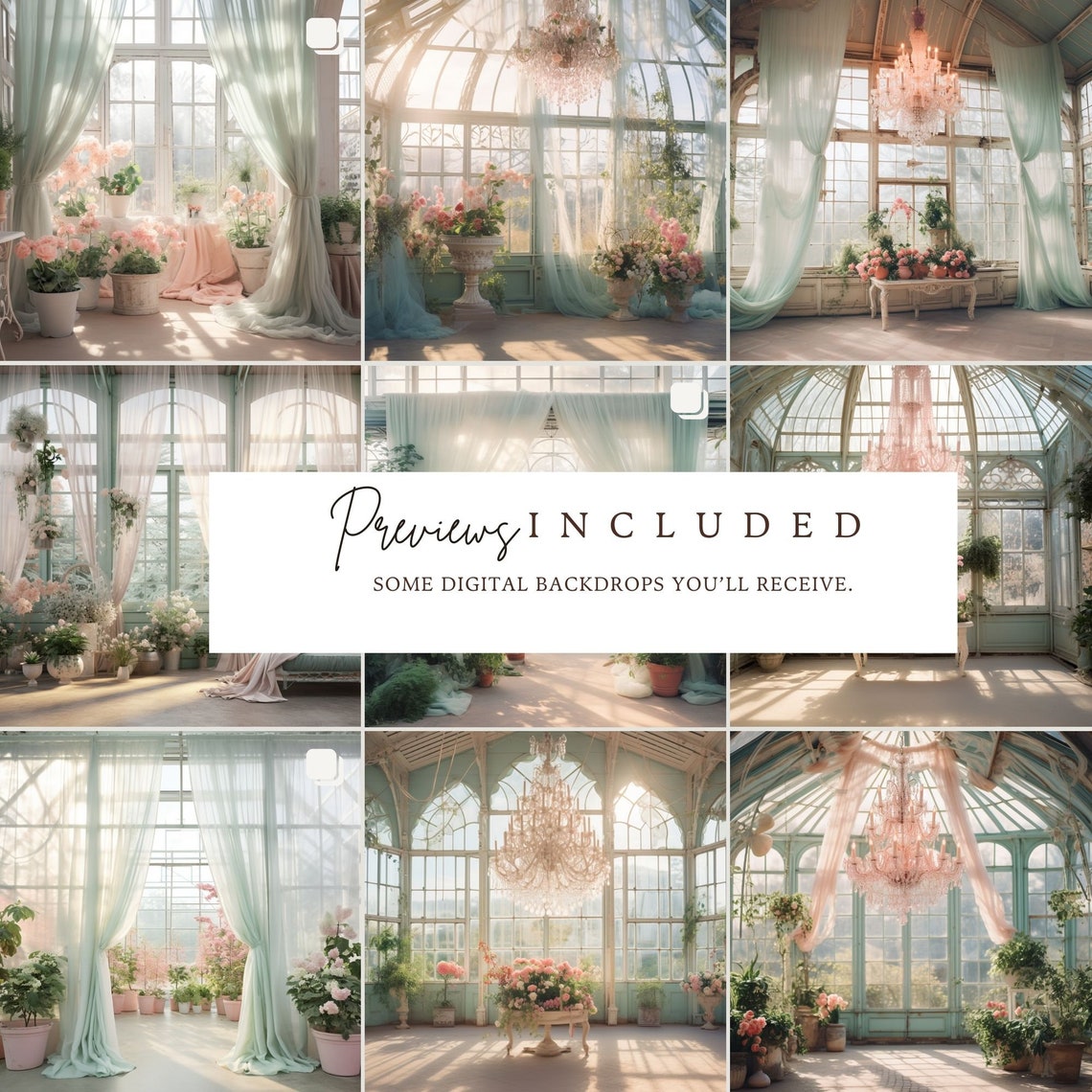 Greenhouse Backdrop, Chandelier, Pink and Aqua, Photography Backdrop ...