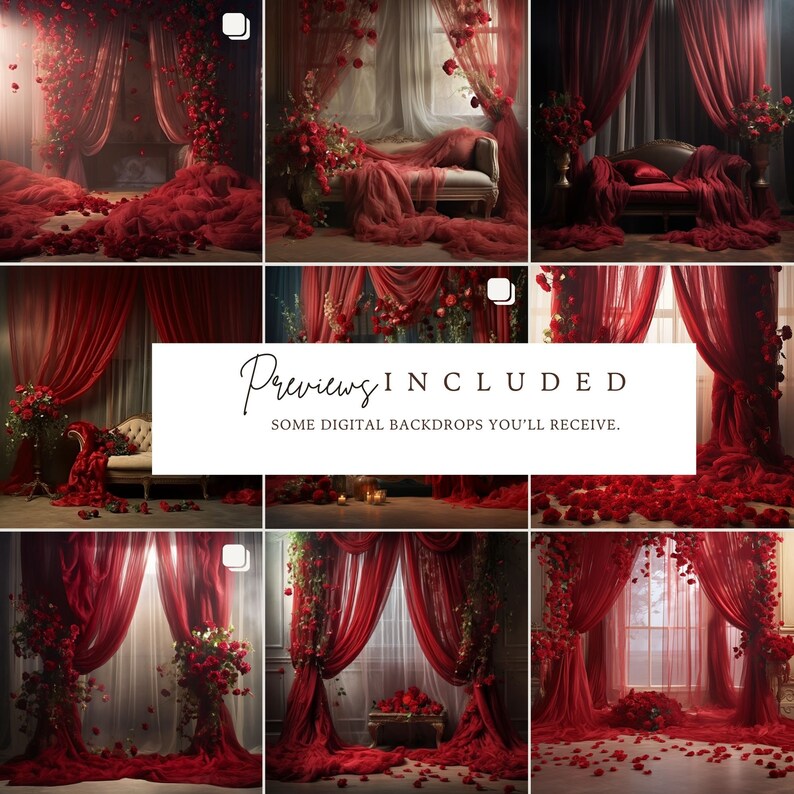 Curtains Backdrop, Red Roses Backdrop, Romantic, Photography Backdrop ...