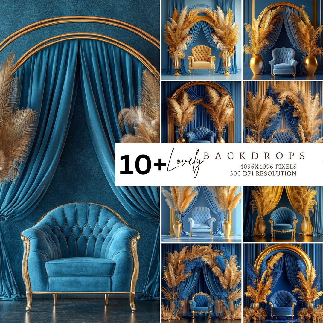 Blue Chair Backdrop, Curtains Backdrop, Luxury Backdrop, Elegant Gold ...