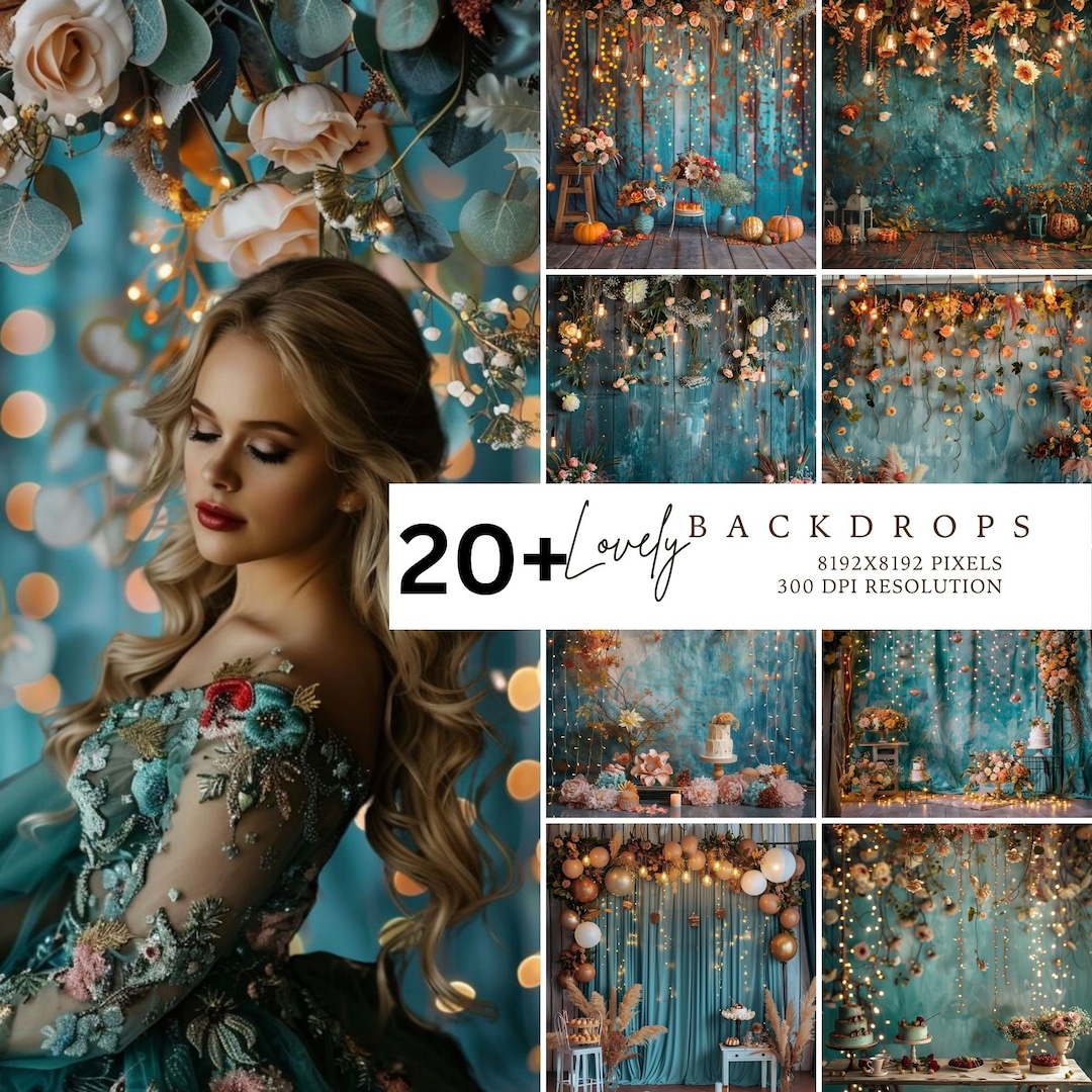 Teal Photo Backdrop, Lights Backdrop, Floral, Photography Backdrop ...