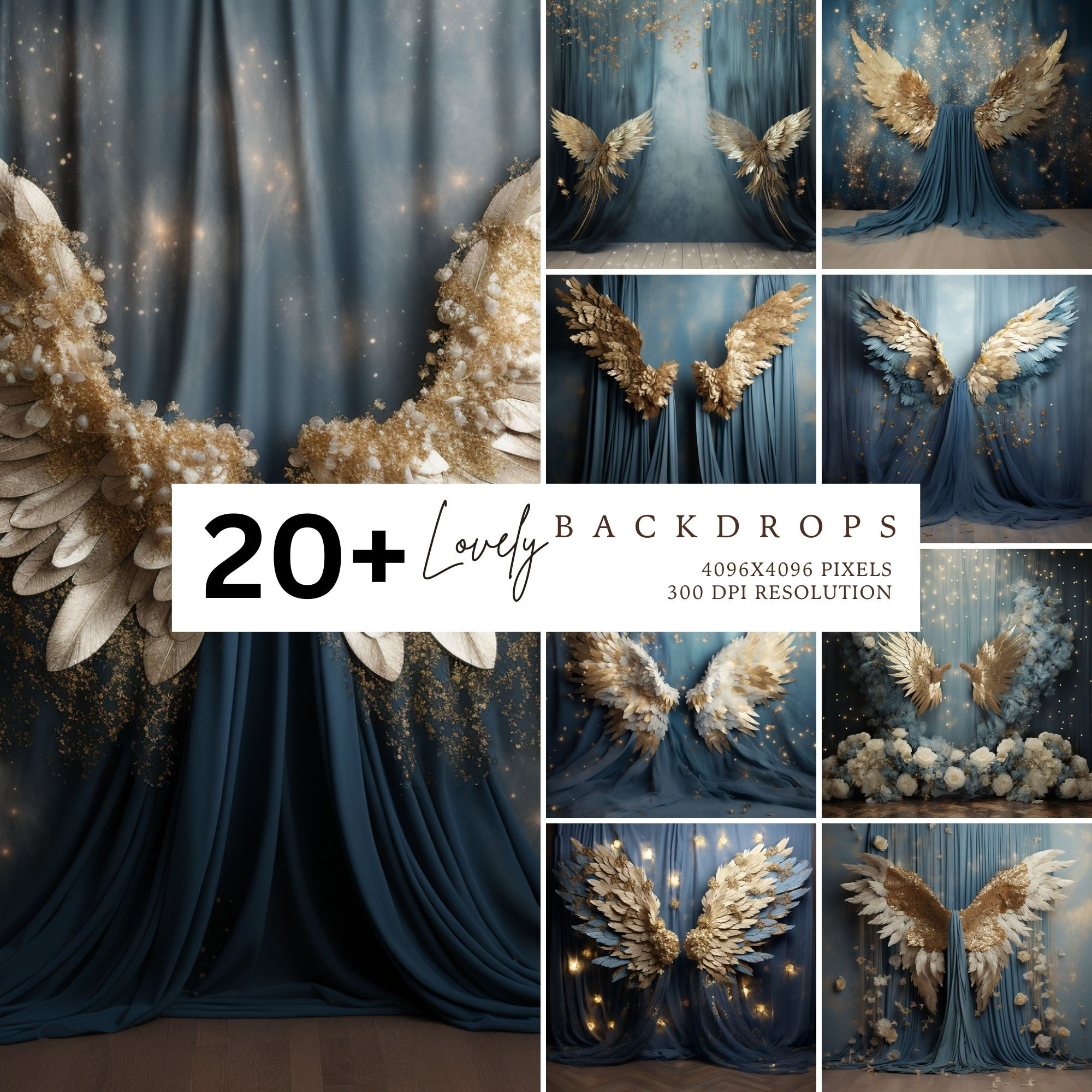 Wings Backdrop, Angel Wings, Blue Gold, Photography Backdrop, Photo ...