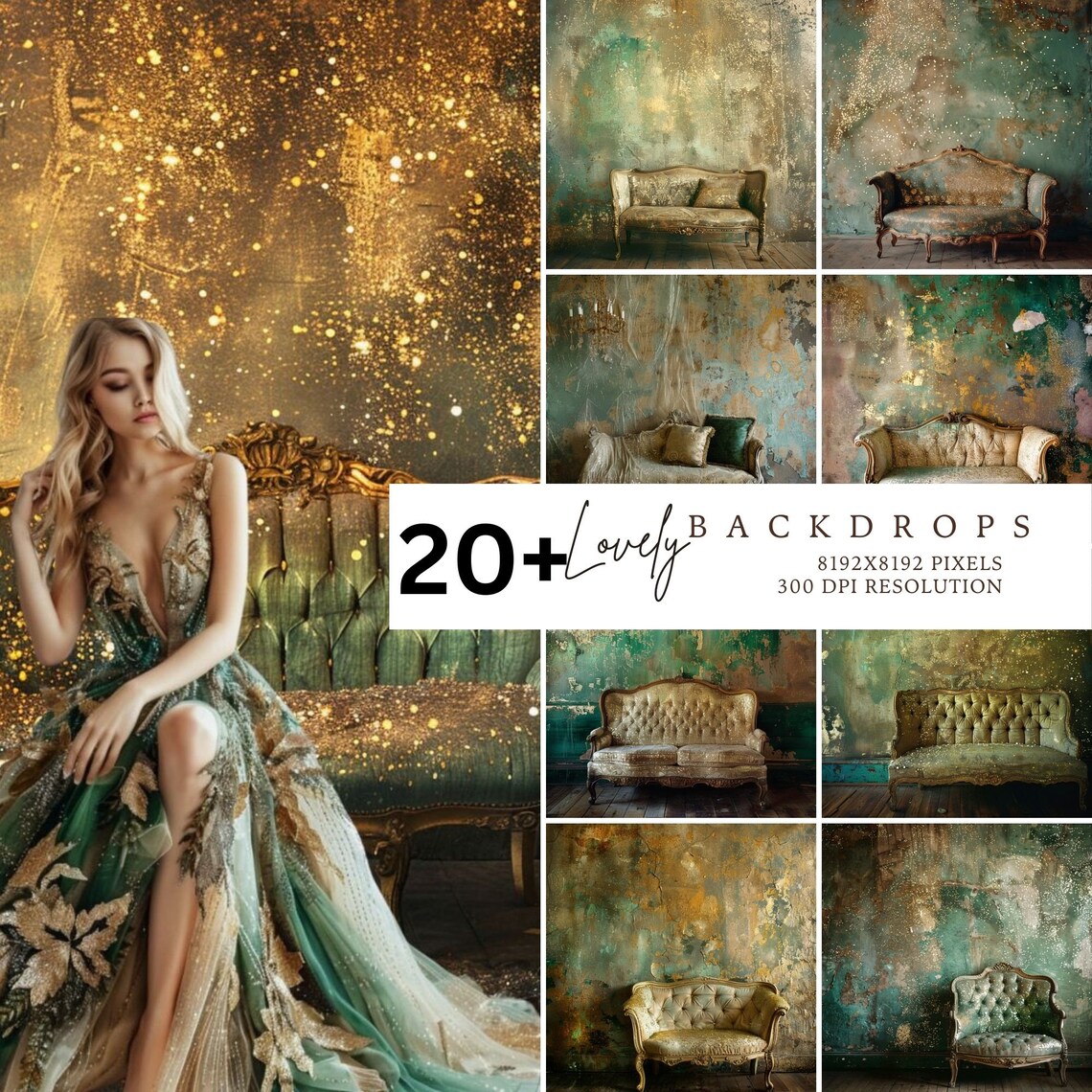 Couch Backdrop, Loveseat, Furniture, Green Gold, Photography Backdrop ...