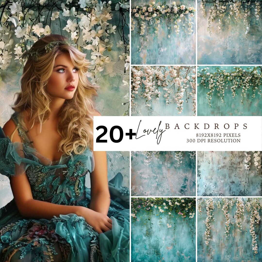 Floral Backdrop, Flower Wall, Spring, Aqua Teal, Photography Backdrop ...